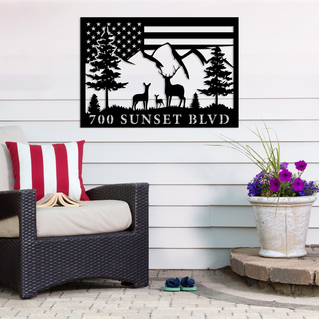 Custom USA Flag Name Address Sign, American Forest Flag Sign, Deer ...
