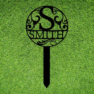 Custom Metal Letter and Name Sign, Round Letter Monogram Garden Stake ...