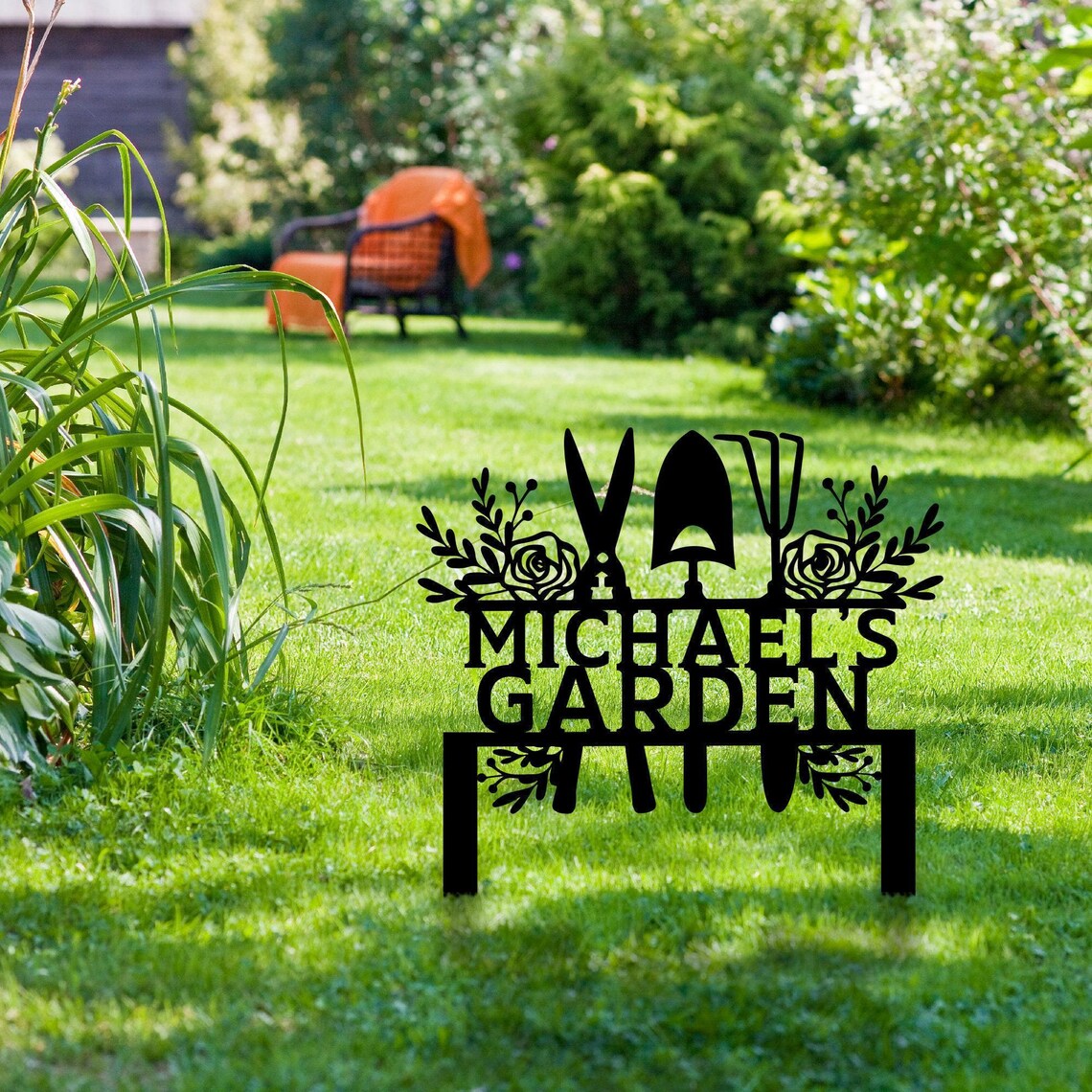 Custom Metal Garden Tools Sign With Stakes, Personalized Garden Name ...