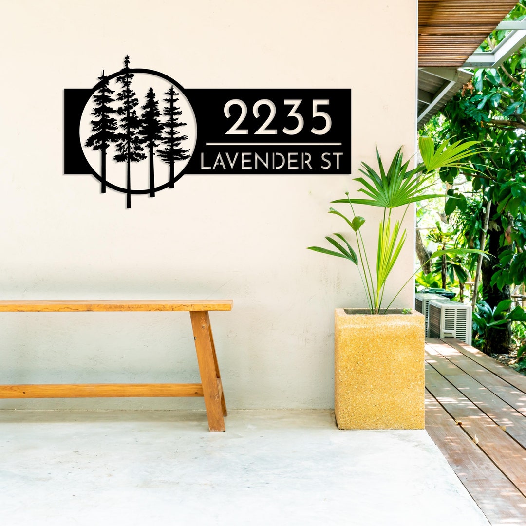 Custom Pine Tree Address Metal Sign, Cabin Entrance Decor, Home Address ...