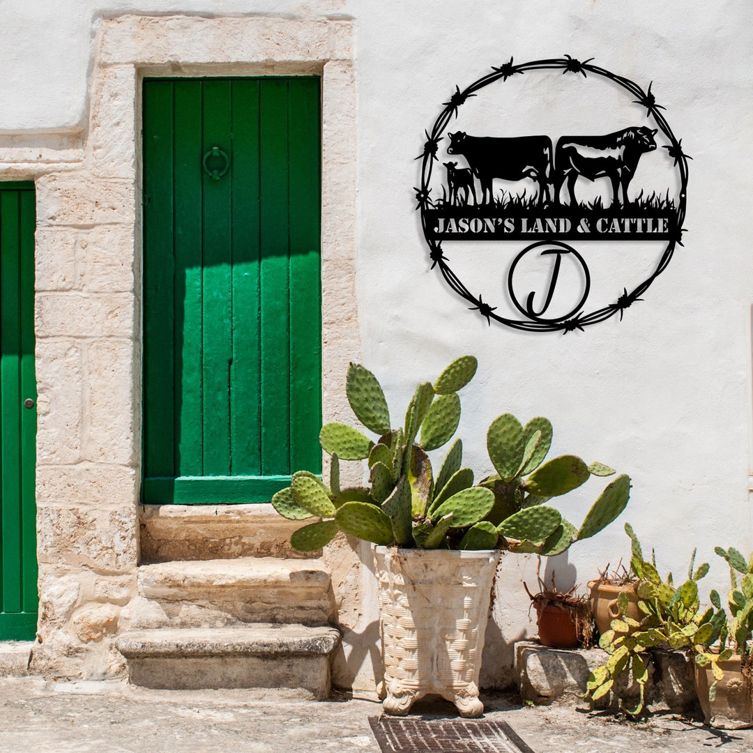 Custom Cow Farm Metal Sign, Large Barbed Wire Cow Ranch Name Sign ...