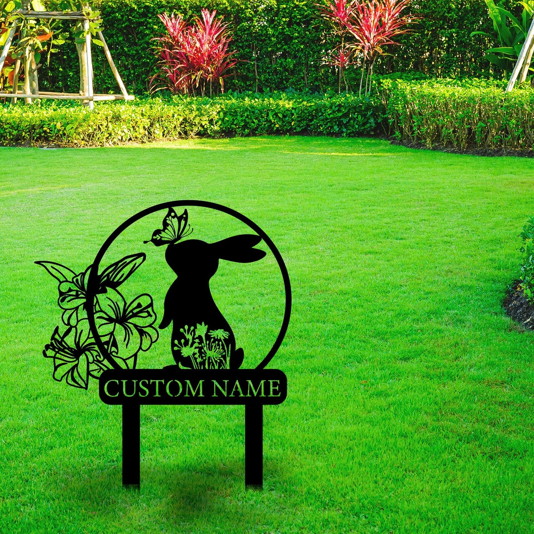 Custom Metal Rabbit and Flower Garden Stake, Bunny Garden Sign, Easter ...