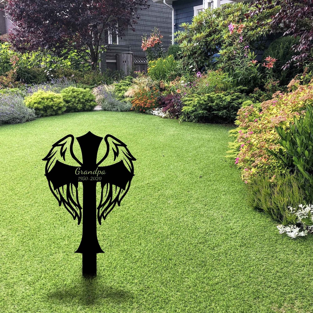 Custom Memorial Cross With Wings Metal Stake, Memorial Garden Decor ...