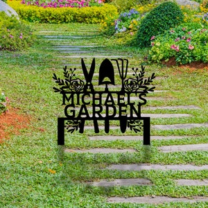 Custom Metal Garden Tools Sign With Stakes, Personalized Garden Name ...