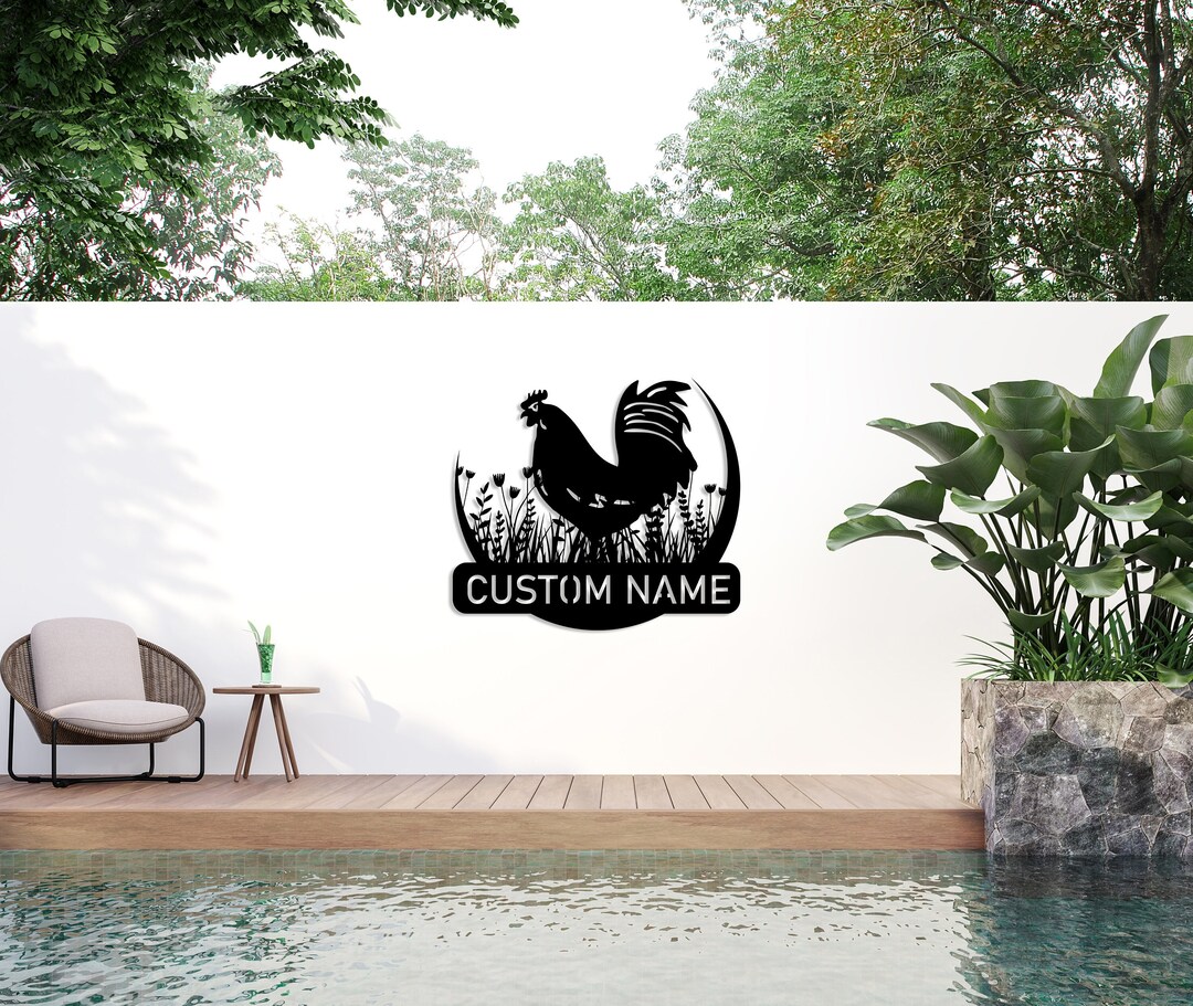 Personalized Metal Chicken Name Sign, Custom Chicken Decor With Flowers ...
