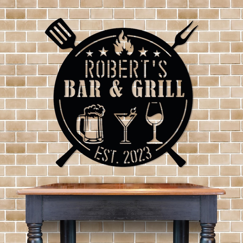 Personalized Bar and Grill Metal Sign, Custom Outdoor BBQ Sign, Rustic ...