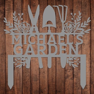 Custom Metal Garden Tools Sign With Stakes, Personalized Garden Name ...