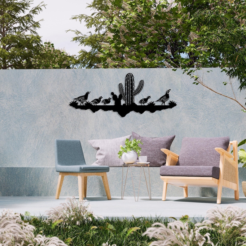 Cactus and Quail Metal Wall Sign, Quail Family in Desert Flat Decor ...