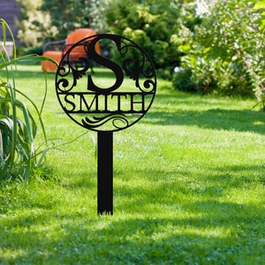 Custom Metal Letter and Name Sign, Round Letter Monogram Garden Stake ...