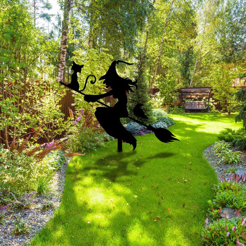 Witch With Broomstick Metal Garden Decor, Witch With Stakes Garden Sign ...