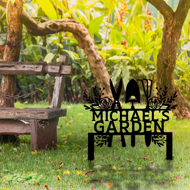 Custom Metal Garden Tools Sign With Stakes, Personalized Garden Name ...