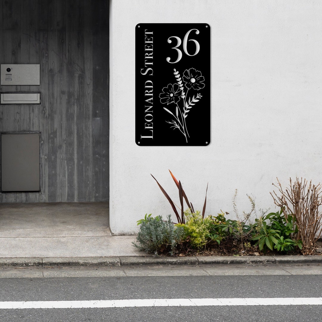 Custom Metal Floral House Address Sign, Vertical Address Number Sign ...