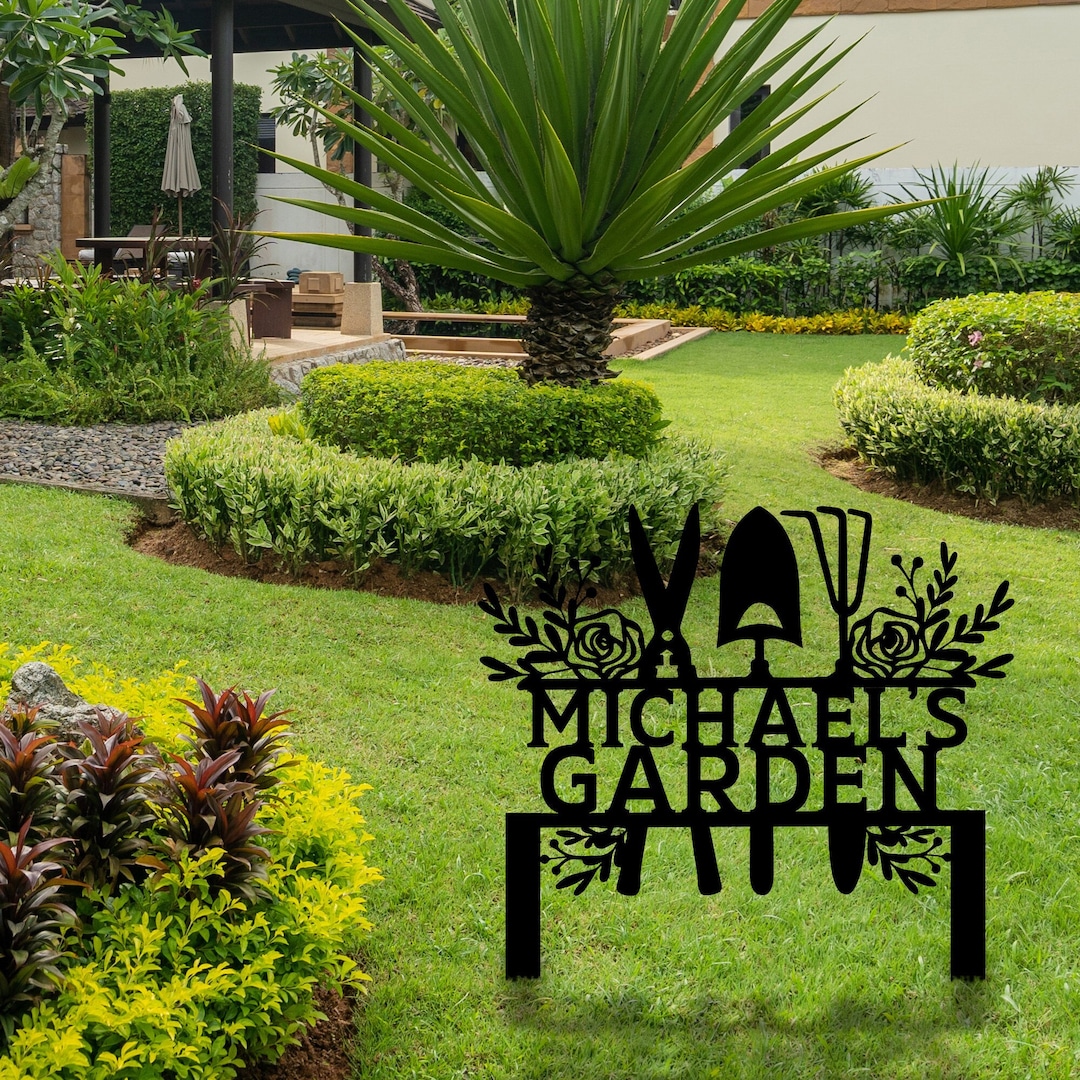 Custom Metal Garden Tools Sign With Stakes, Personalized Garden Name ...
