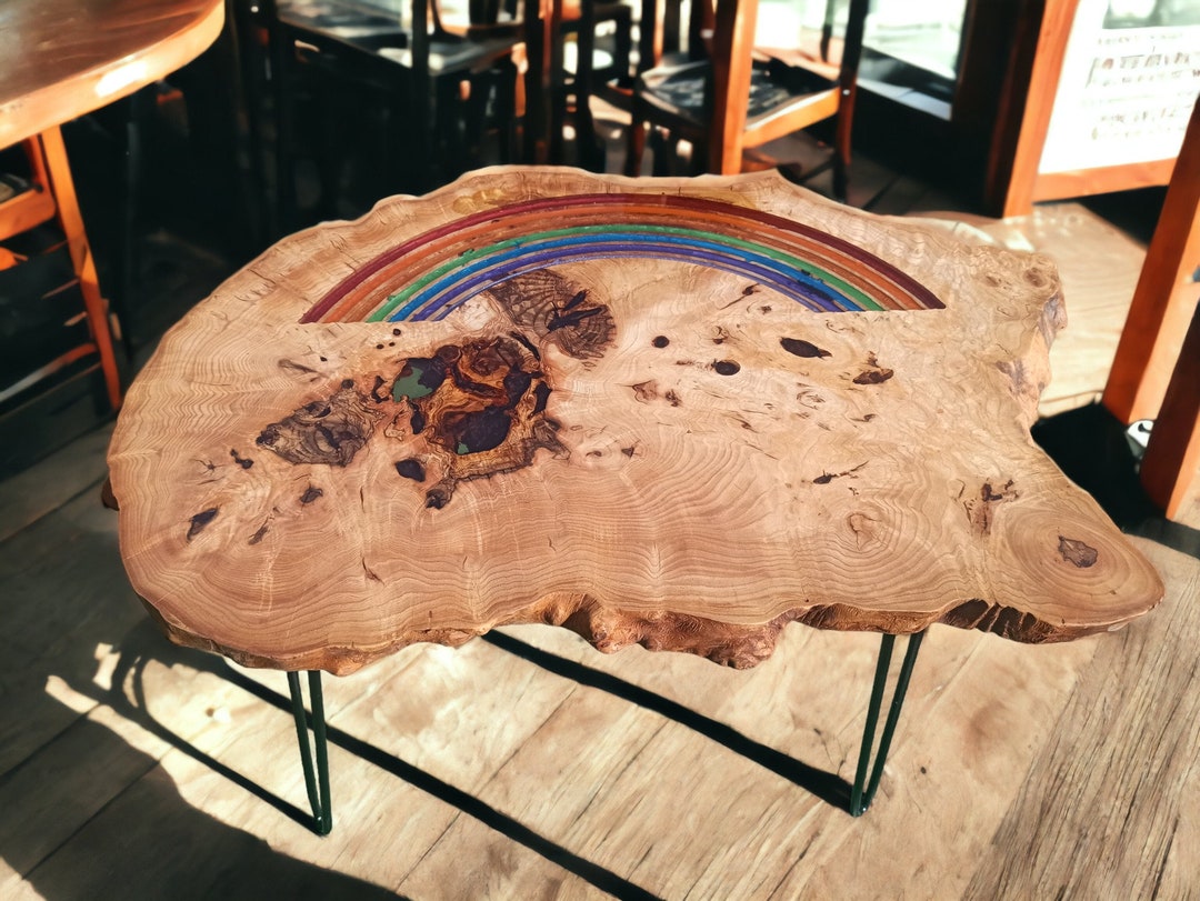 Rainbow Epoxy Wood Coffee Table, Live Edge Side Table, Epoxy Resin Art ...