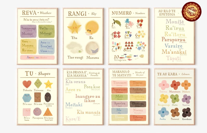 Cookisland Maori Language Posters 8 Pack, Cookisland Learning Charts ...