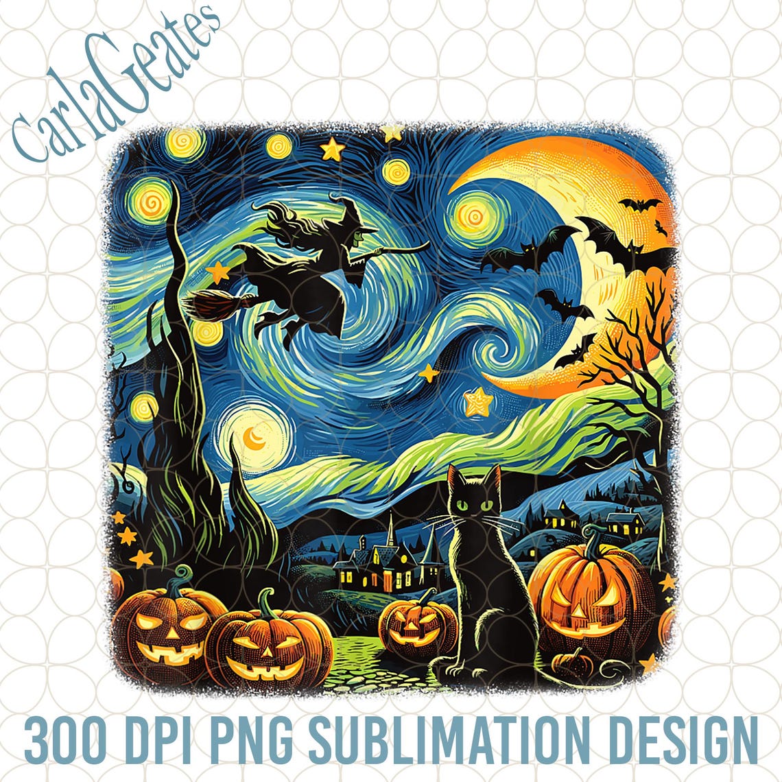 Starry Night Halloween Witch Png, Vintage Witch Black Cat Pumpkin Png ...
