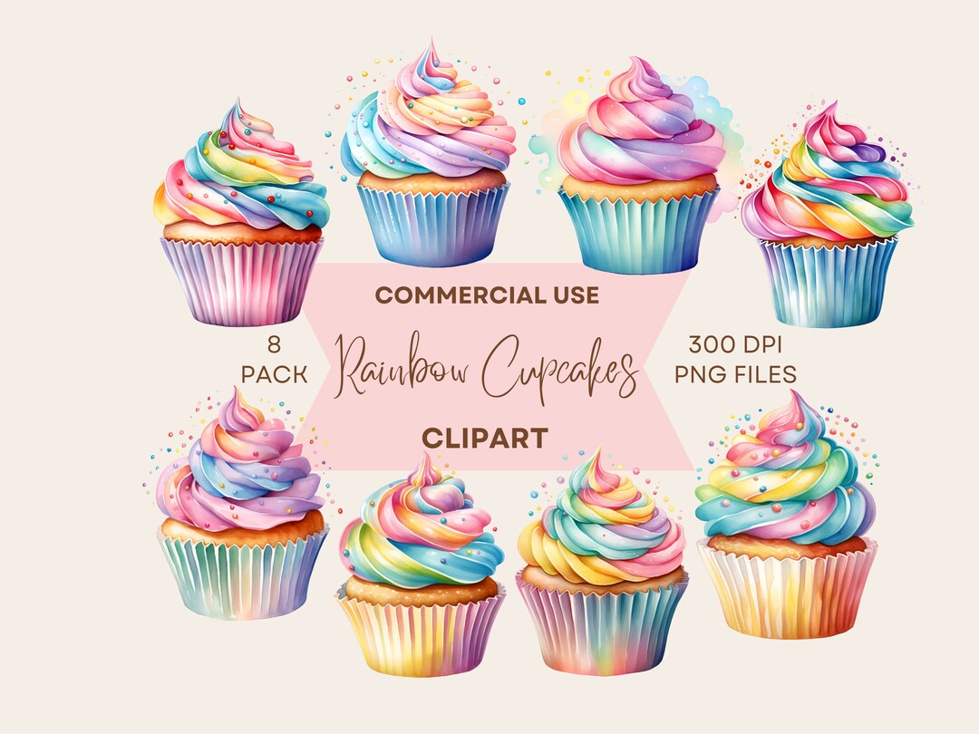 Rainbow Cupcakes Clipart, Birthday Cupcakes, Watercolour, Bakery Clip ...