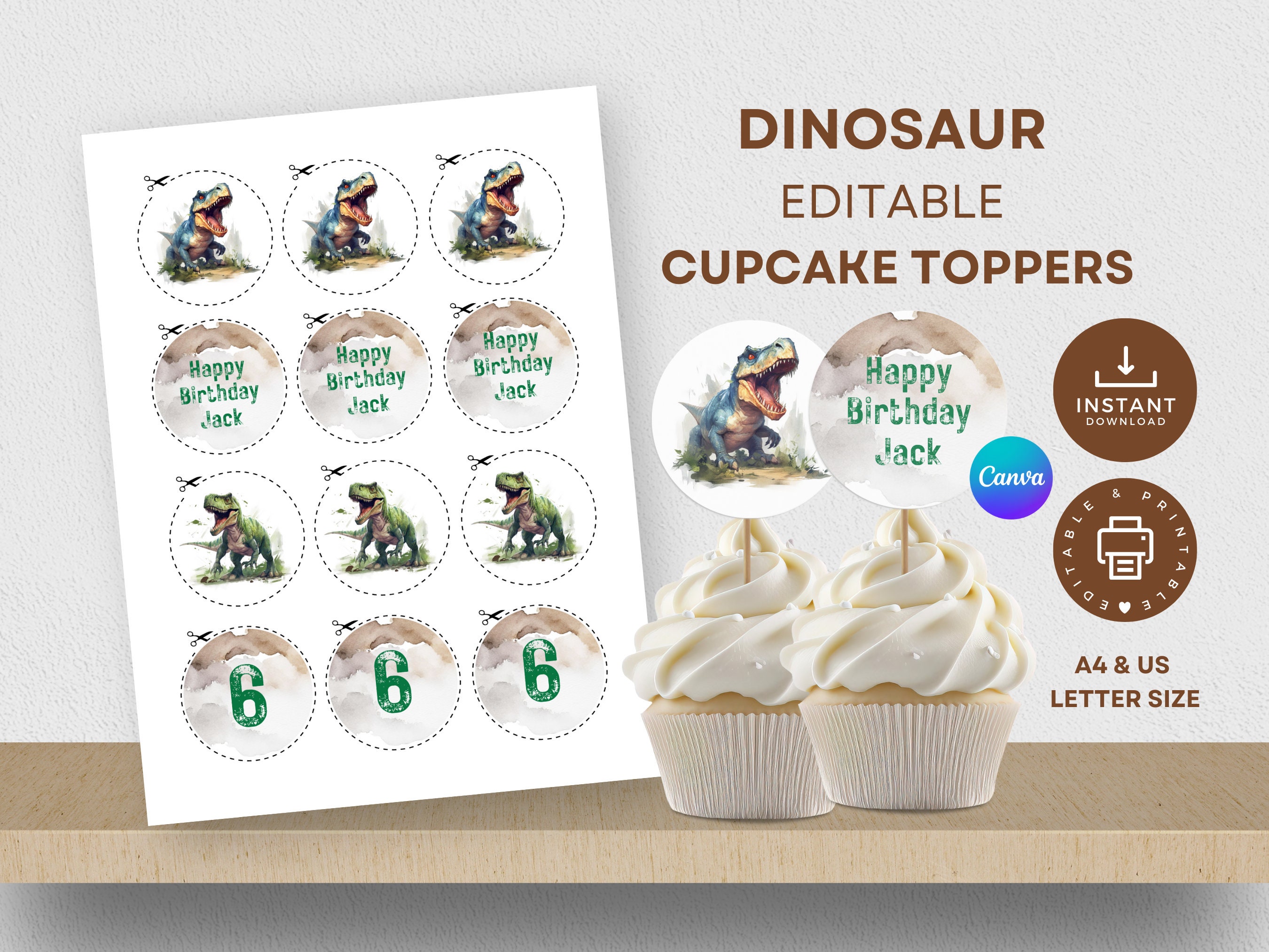 Dinosaur Cupcake Toppers Printable, Editable Cake Toppers, Dino ...