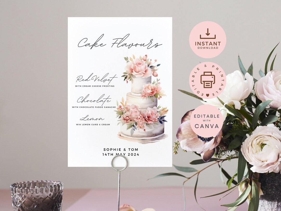 Wedding Cake Menu Printable, Cake Flavours Sign, Editable Canva ...