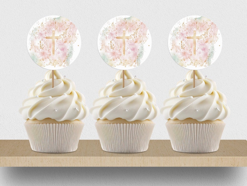 Cross Cupcake Toppers Printable, Pink Christening Topper, Baptism Cake ...