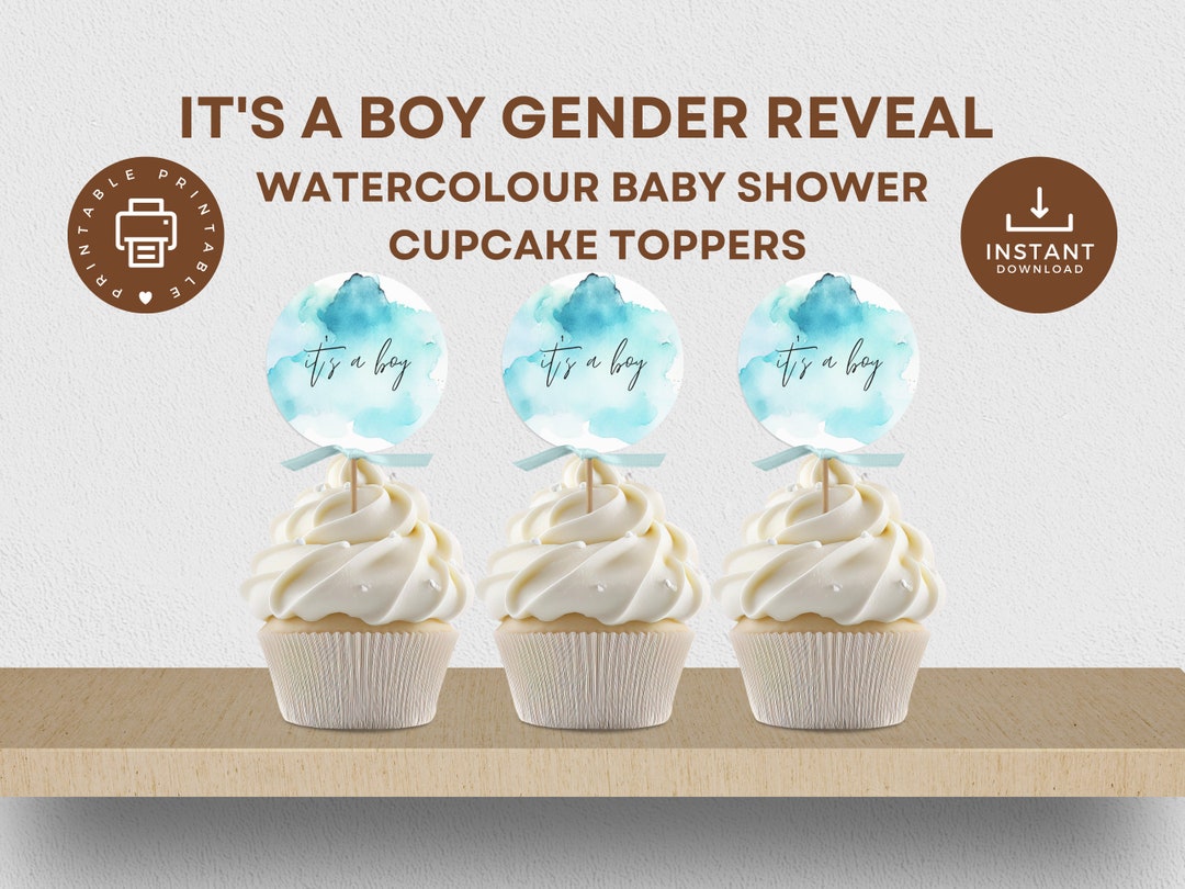 Its a Boy Gender Reveal Cupcake Toppers Printable, Blue Watercolour ...