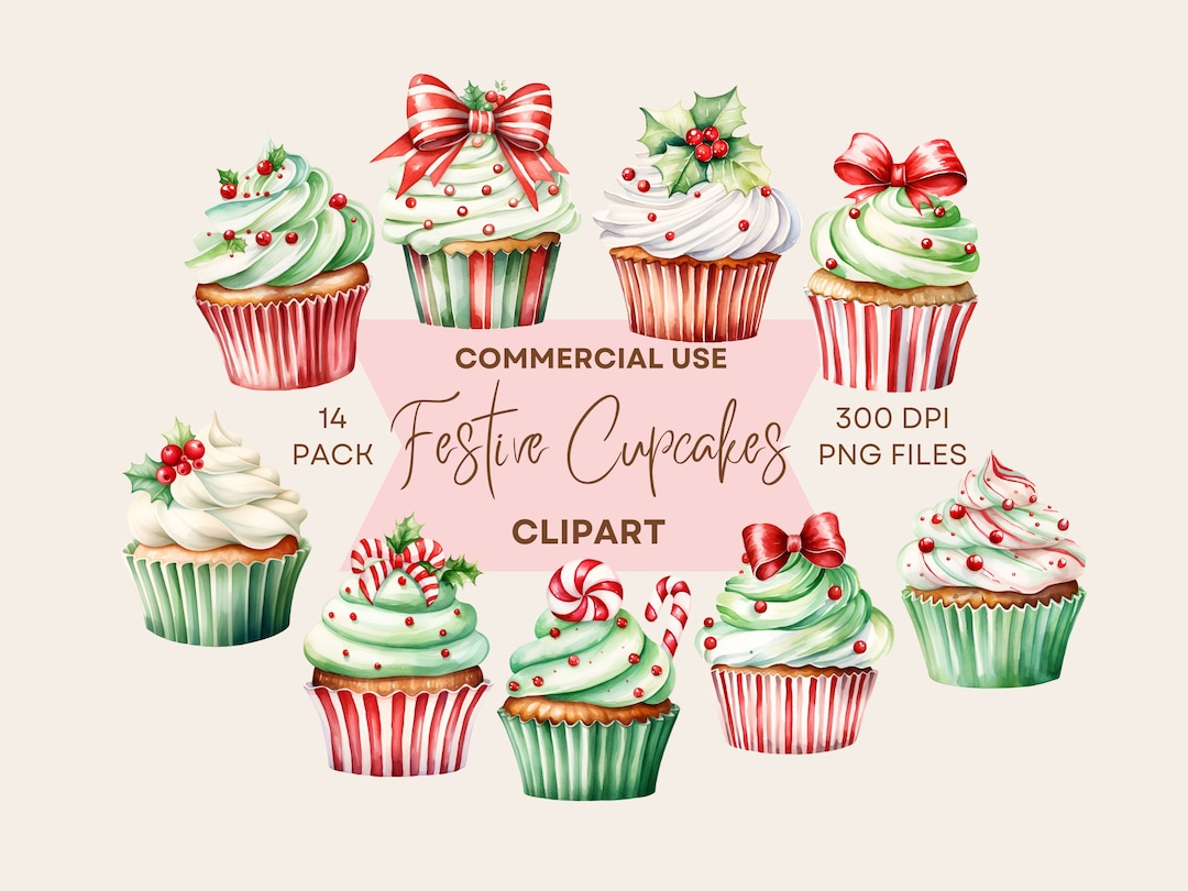 Christmas Treats Clipart, Holiday Cupcakes Clip Art, Festive Cupcakes ...