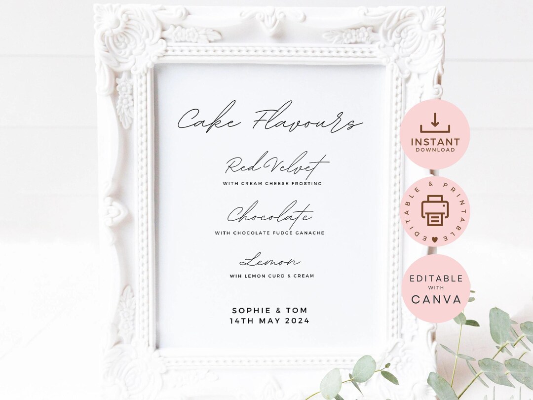 Cake Flavours Sign Printable, Wedding Cake Menu, Editable Canva ...