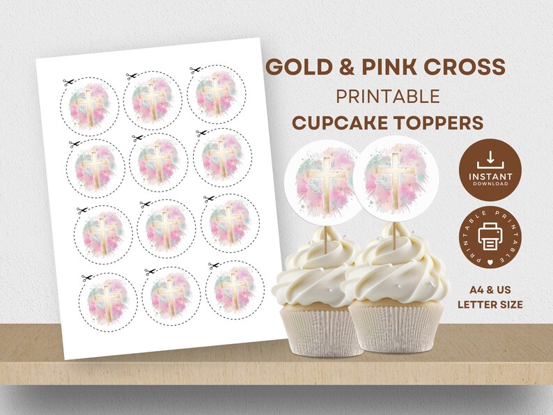 Cross Cupcake Toppers Printable, Pink Christening Topper, Baptism Cake ...