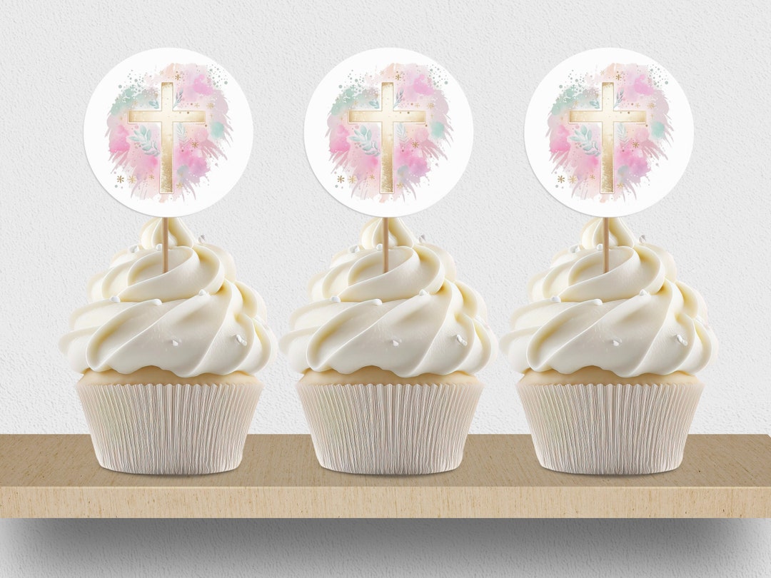 Cross Cupcake Toppers Printable, Pink Christening Topper, Baptism Cake ...