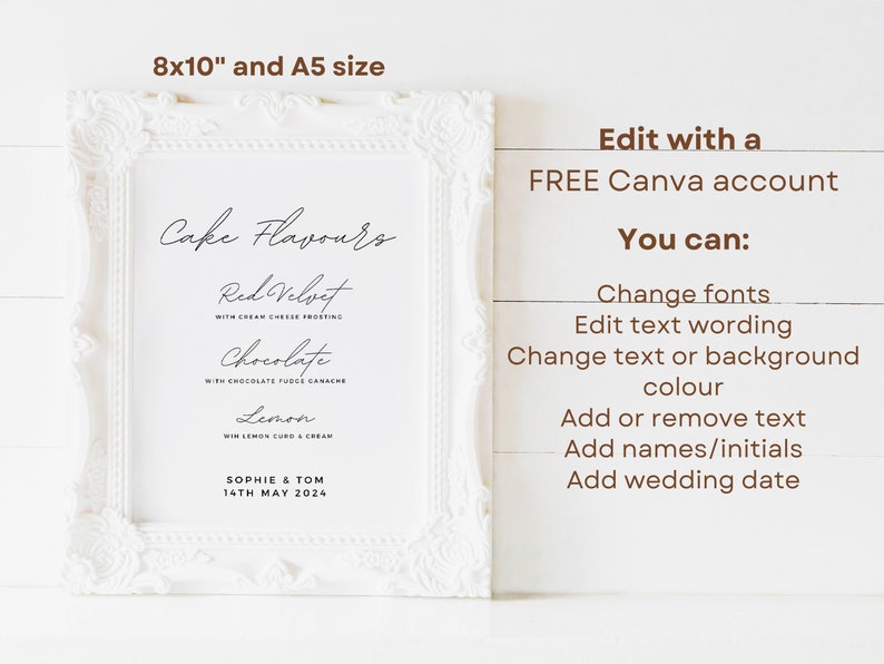 Cake Flavours Sign Printable, Wedding Cake Menu, Editable Canva ...