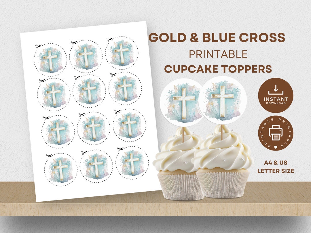 Cross Cupcake Toppers Printable, Blue Christening Topper, Baptism Cake ...