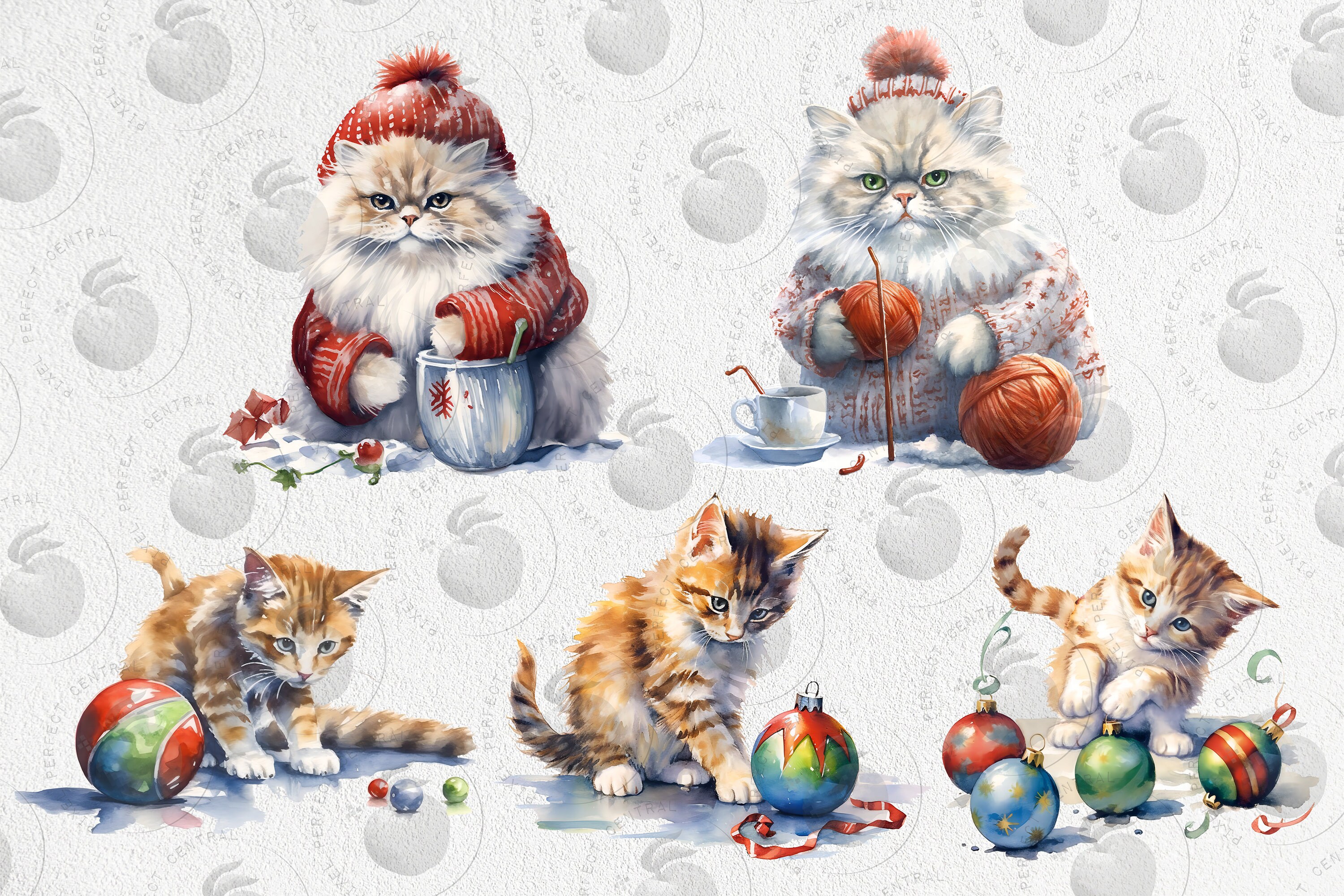 Watercolor Christmas Cats Clipart Xmas Clip Art Kittens Instant ...