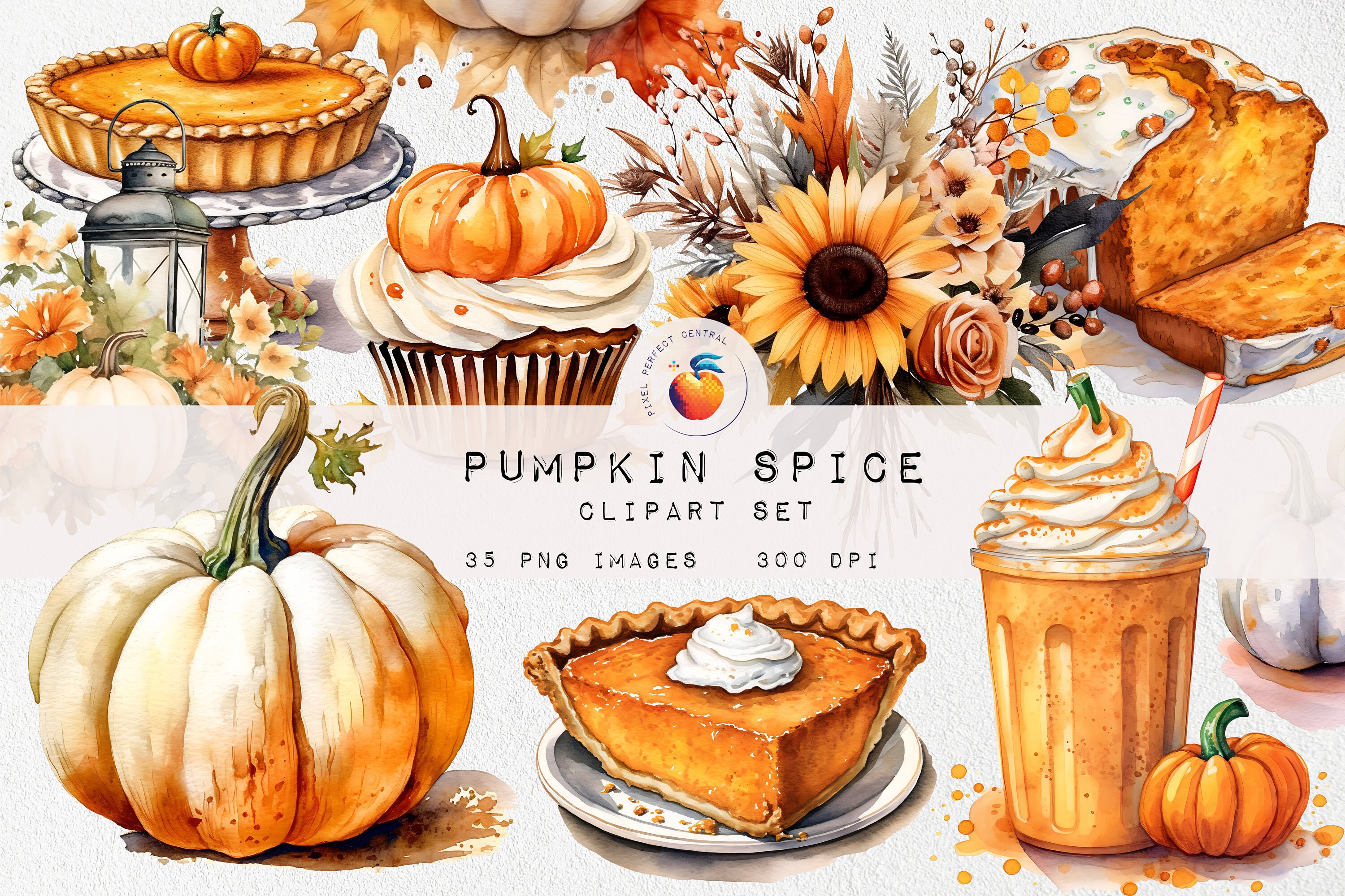 Watercolor Fall Clipart Pumpkin Spice Autumn Instant Download 35 PNG ...