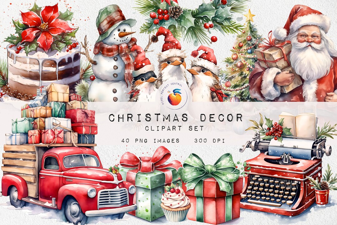 Watercolor Christmas Decor Clipart Xmas Clip Art Instant Download 40 ...