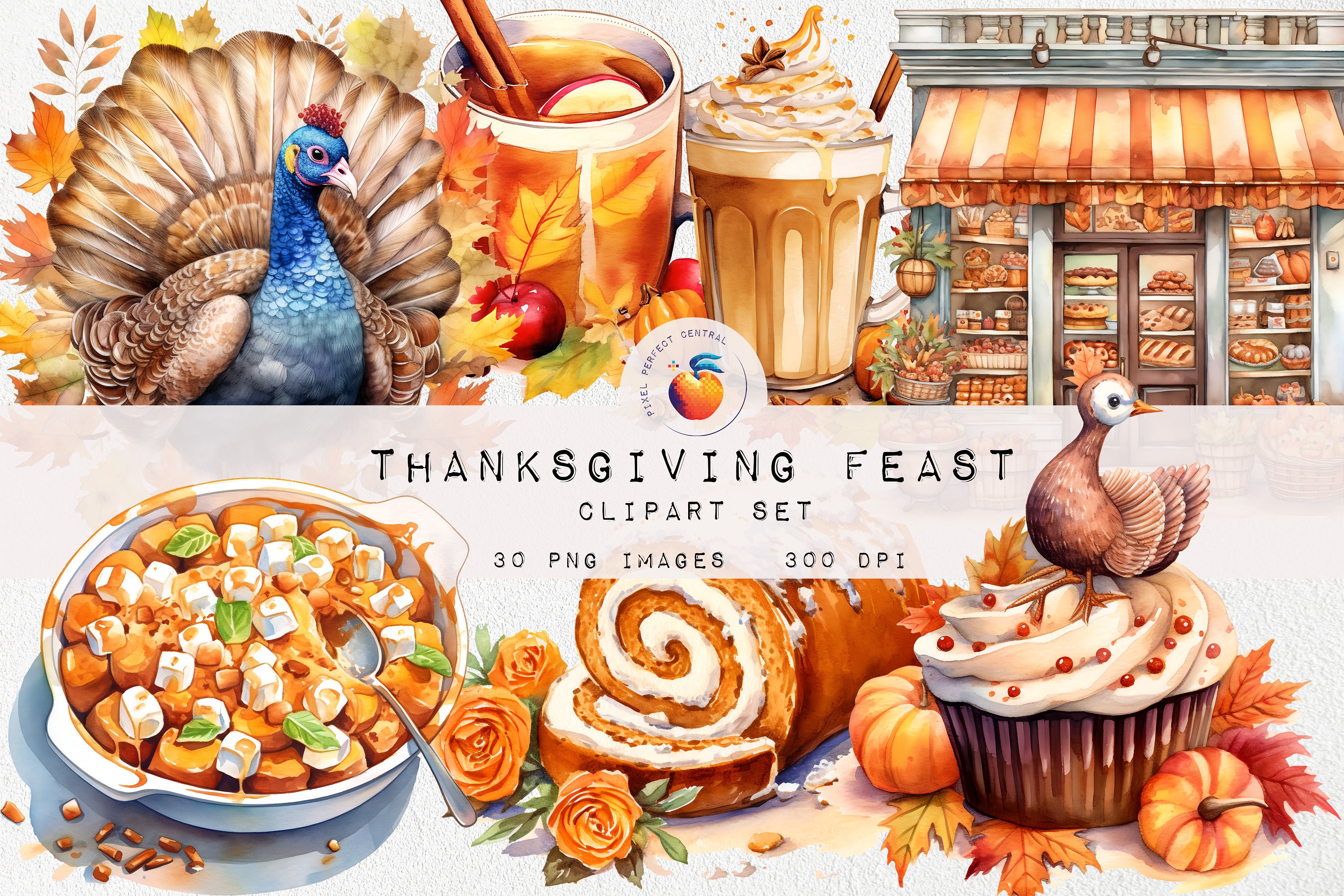 Watercolor Thanksgiving Clipart Pumpkin Spice Turkey Fall Instant ...