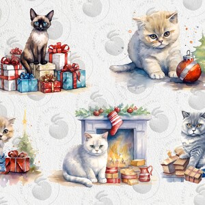 Watercolor Christmas Cats Clipart Xmas Clip Art Kittens Instant ...