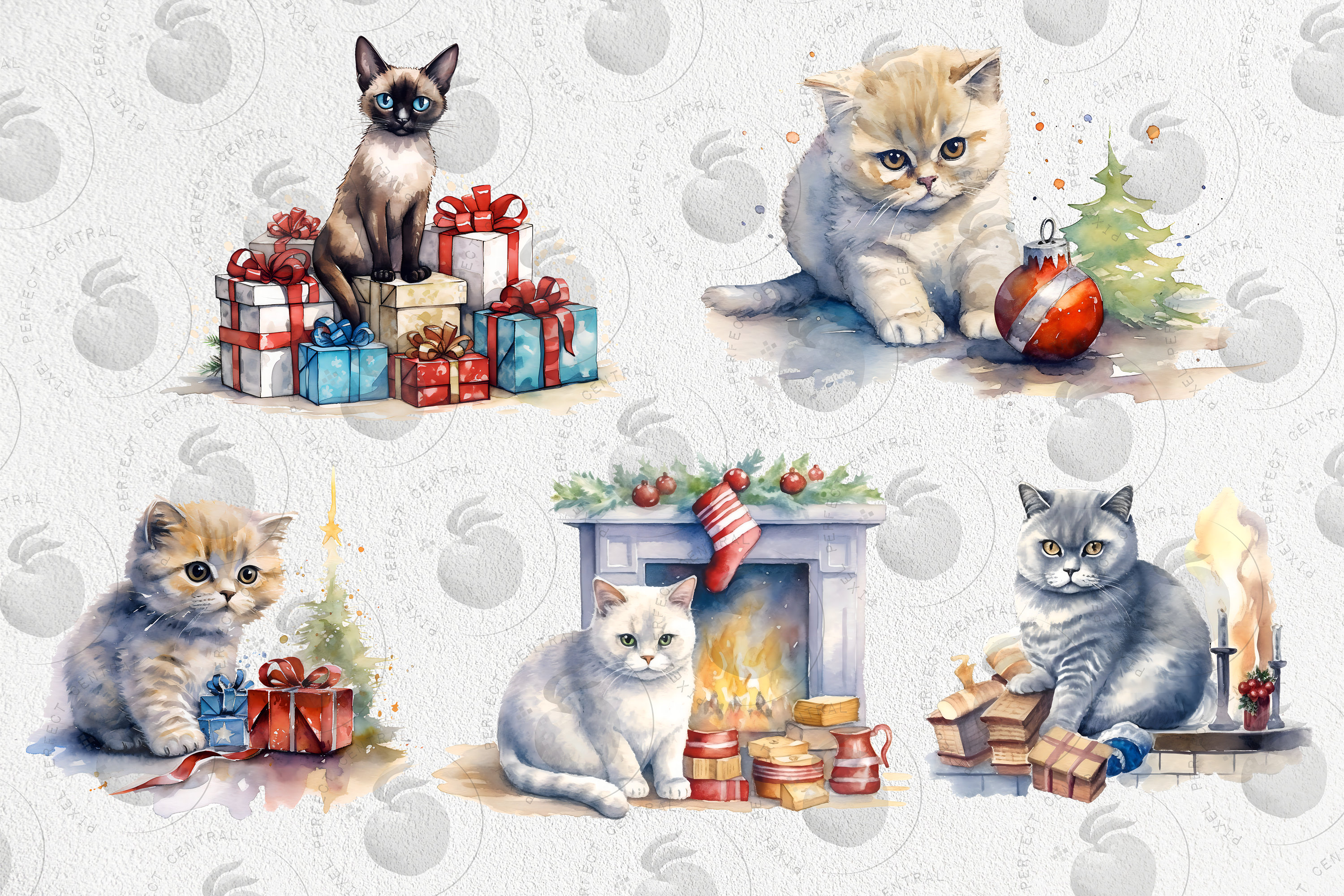 Watercolor Christmas Cats Clipart Xmas Clip Art Kittens Instant ...