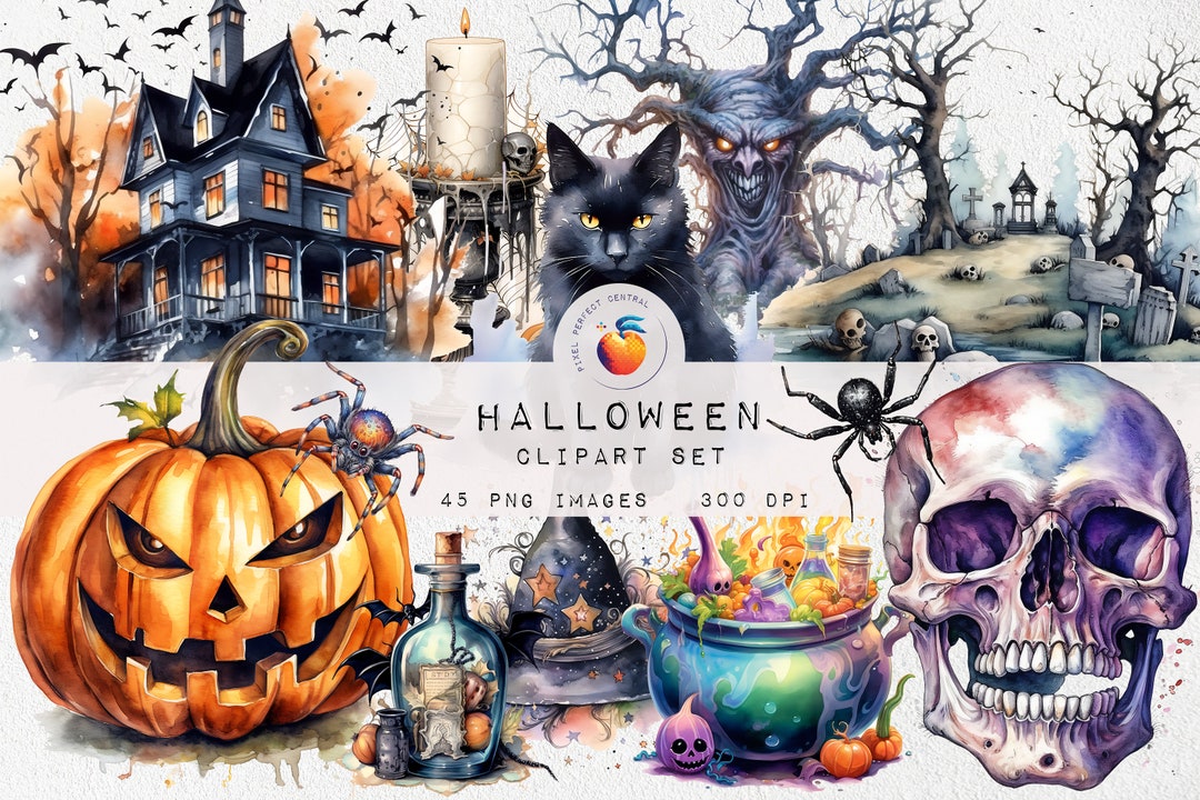 Watercolor Halloween Clipart Jack-o-lantern Ghost Witch Spider Bat ...