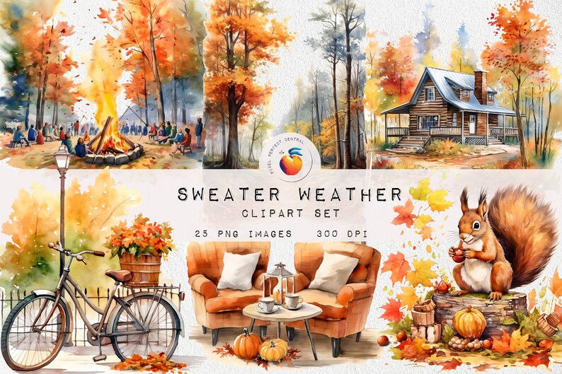 Watercolor Fall Clipart Sweater Weather Autumn Decor Fall Instant ...