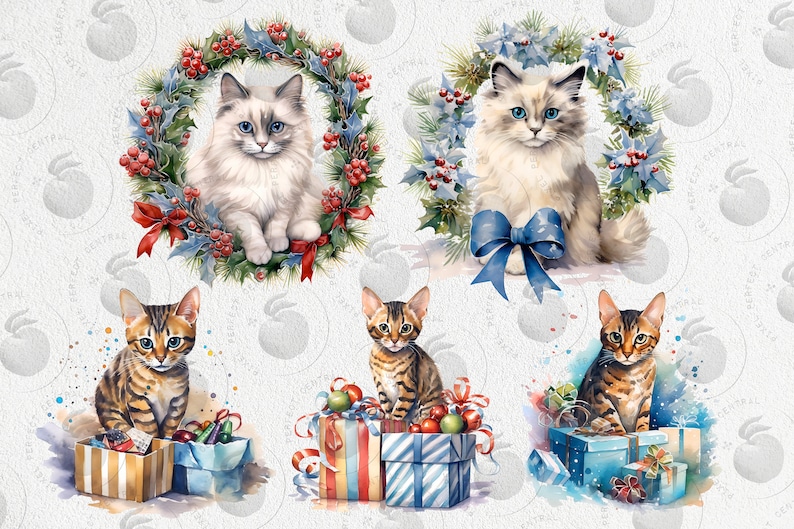 Watercolor Christmas Cats Clipart Xmas Clip Art Kittens Instant ...