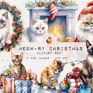 Watercolor Christmas Cats Clipart Xmas Clip Art Kittens Instant ...