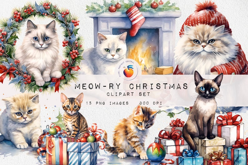 Watercolor Christmas Cats Clipart Xmas Clip Art Kittens - Etsy
