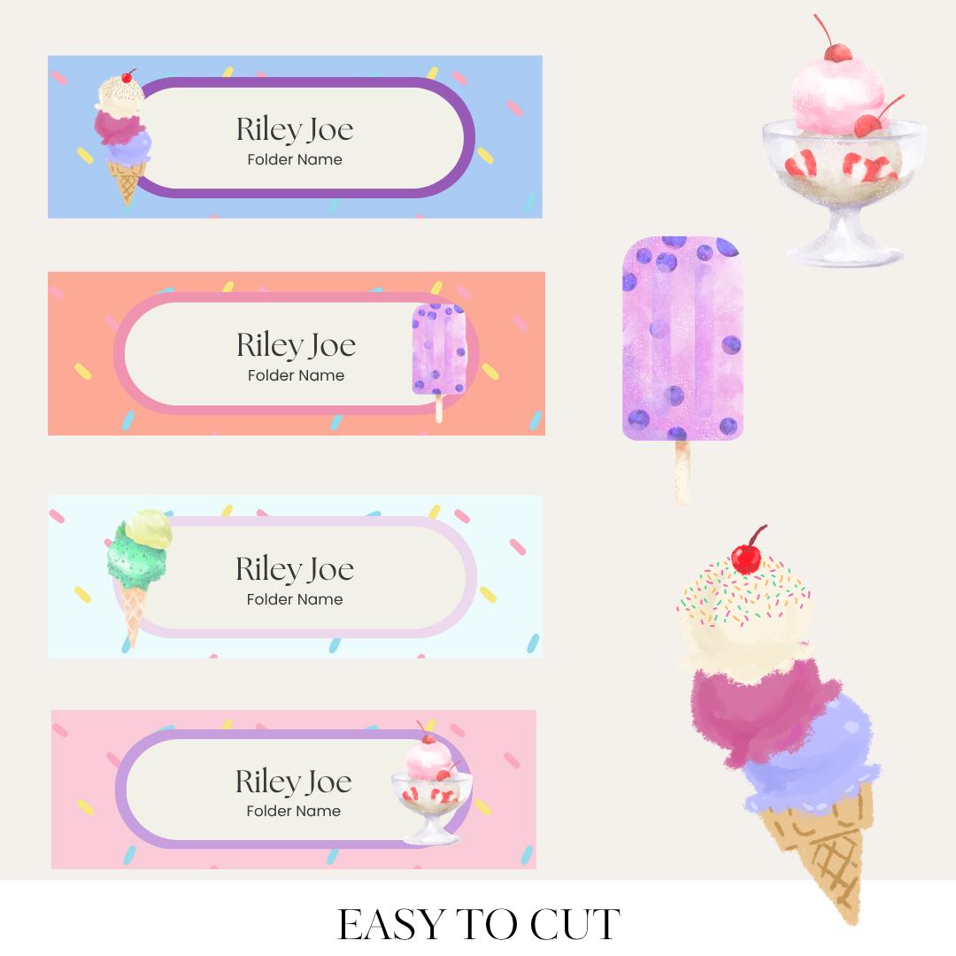 Editable Ice Cream Folder Labels Student Name Tags Canva Template Cute ...