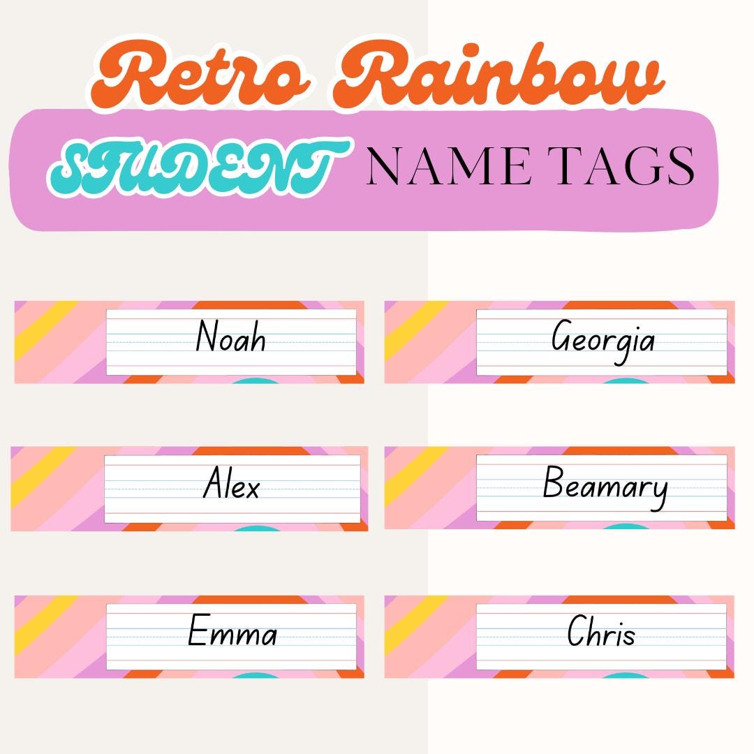 Retro Rainbow Student Name Tags, Editable Classroom Decor (pdf/canva ...