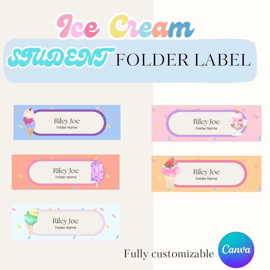 Editable Ice Cream Folder Labels Student Name Tags Canva Template Cute ...