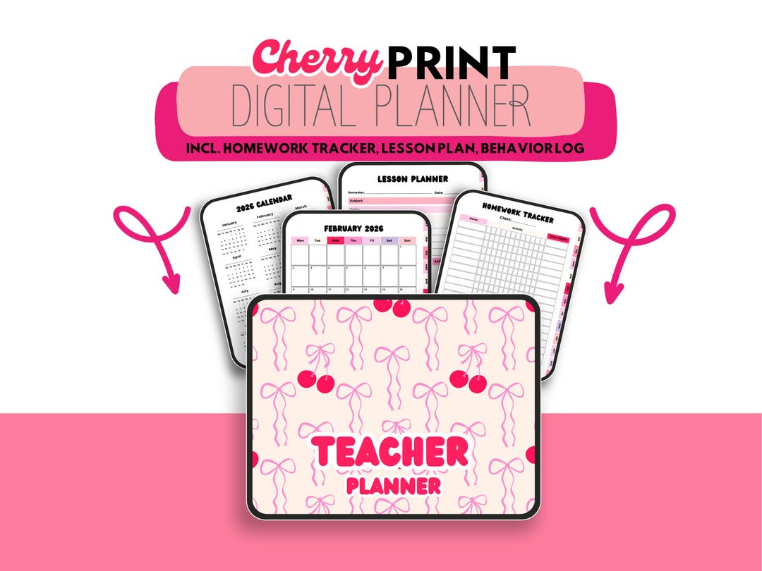 Cherry Print Teacher Digital Planner, Editable Canva Template (PDF ...