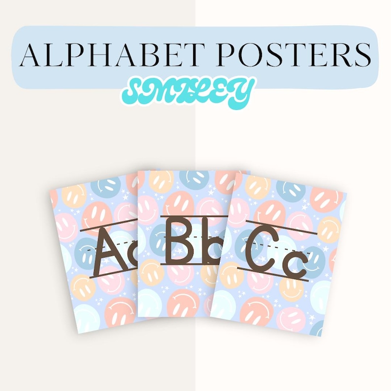 Smiley Alphabet Posters Retro Classroom Decor Printable ABC Wall Cards ...