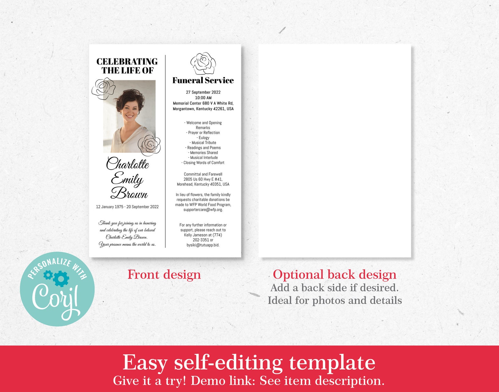 Editable Simple Funeral Program, Printable Template Corjl, Celebration ...
