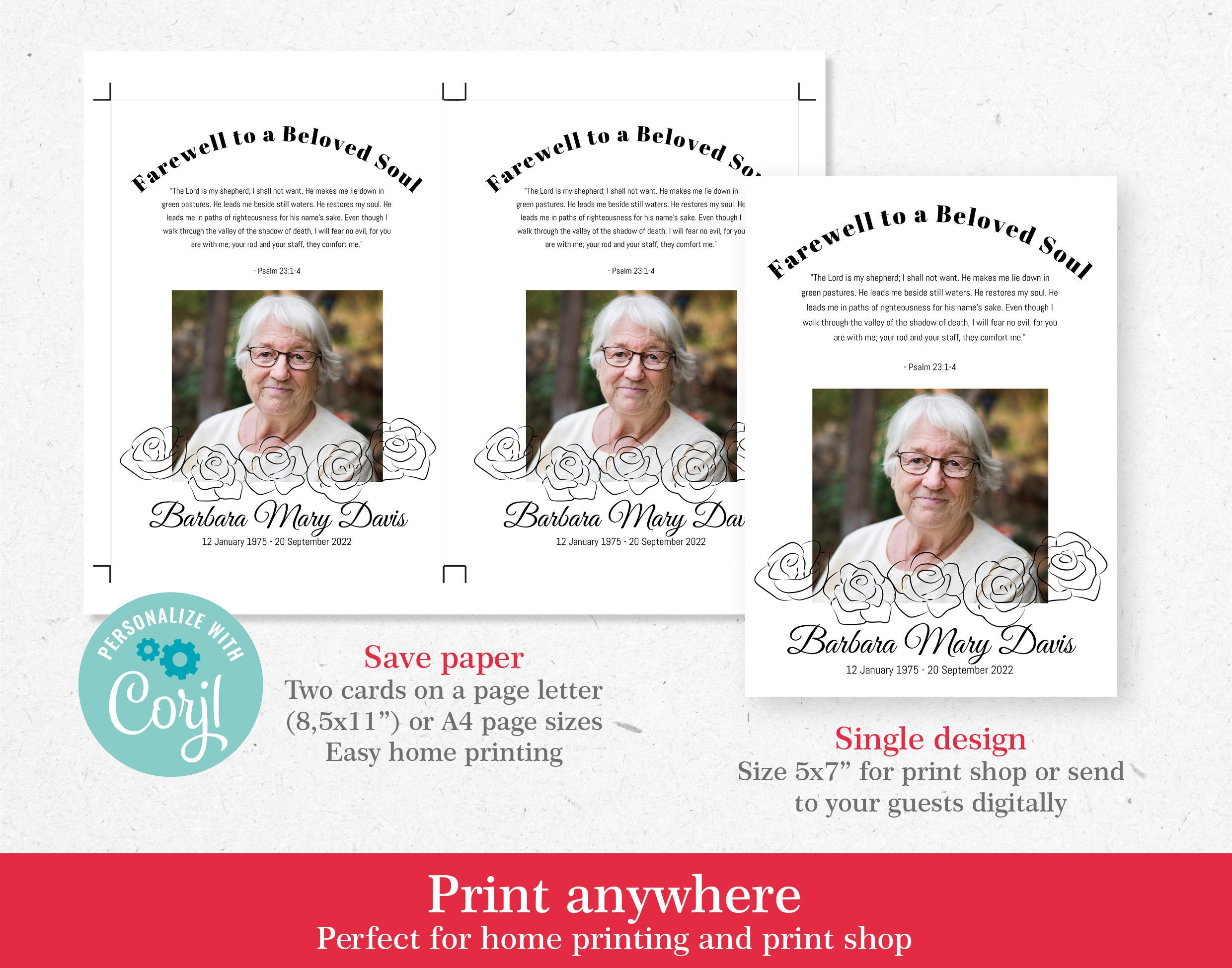 Editable Funeral Card Roses Download Printable Template Corjl ...