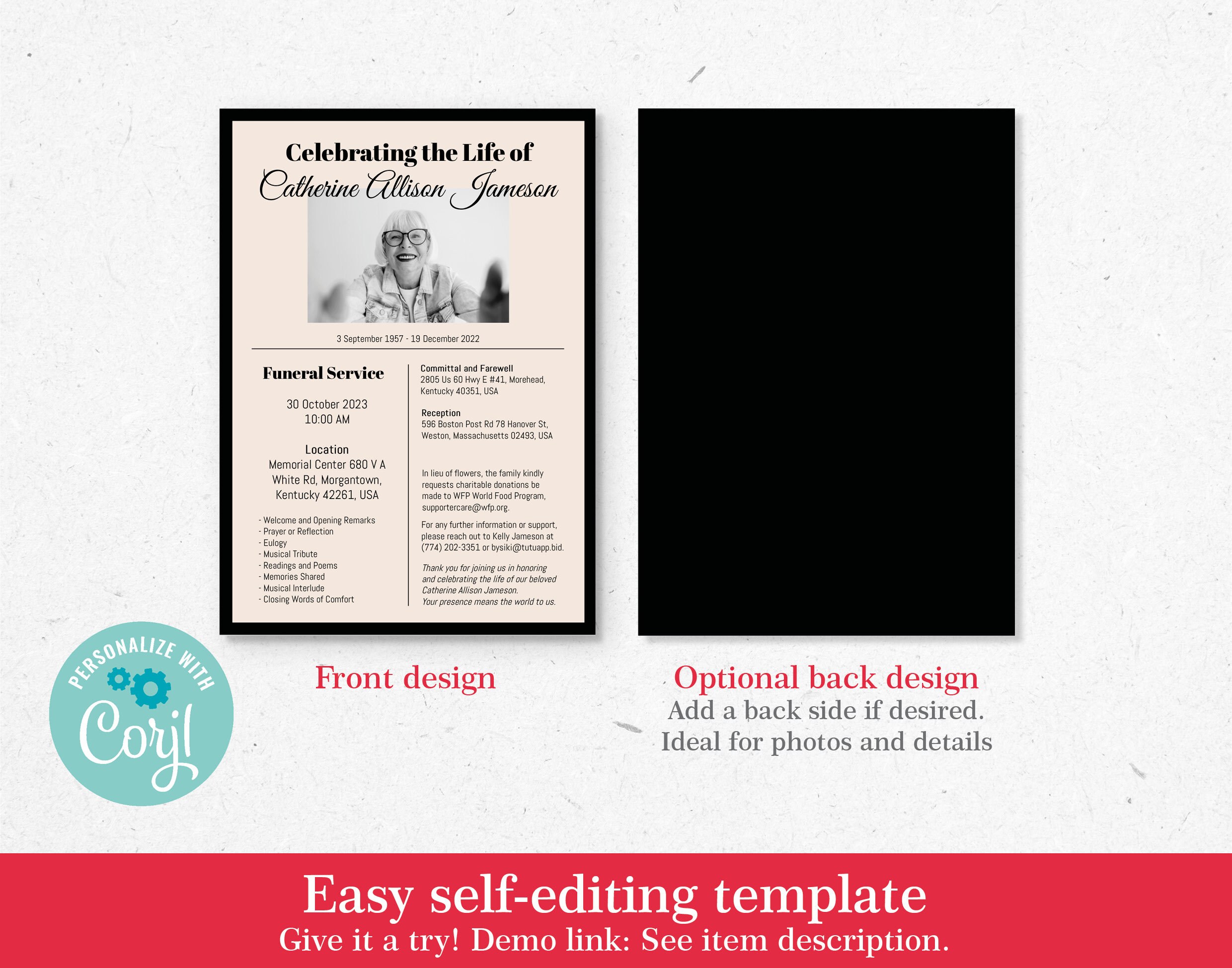 Editable Simple Funeral Program, Printable Template Corjl, Celebration ...